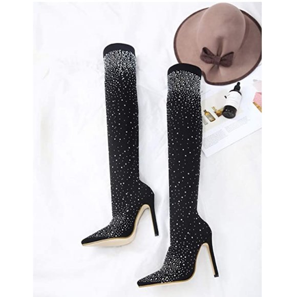 Shoes | Black Diamante Pointed Toe Thigh High Heeled Mesh Sock Boots ...